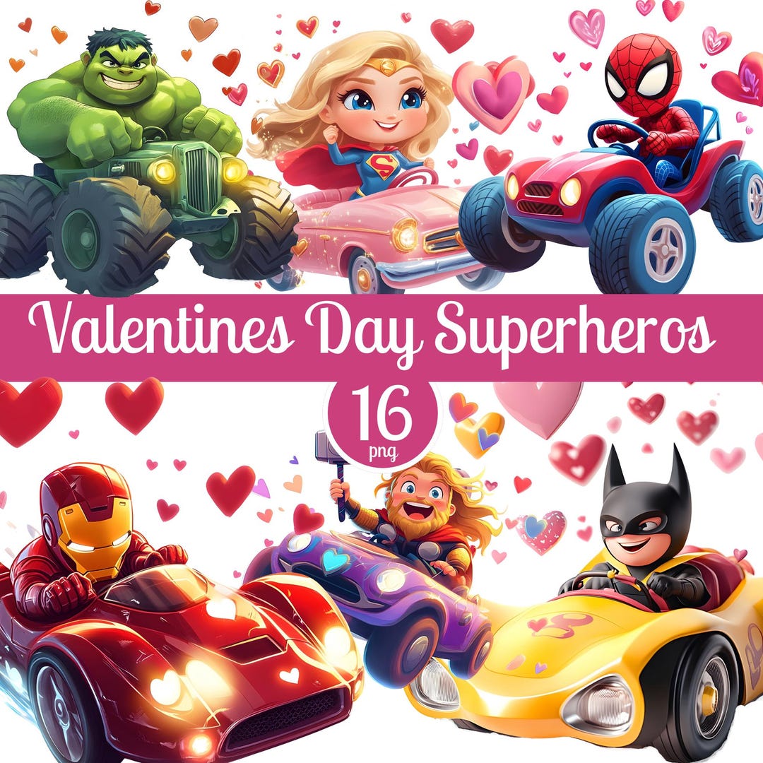 Superhero Valentine's Day Clipart, Cute Kids' Hero Cars, Super Heroe ...