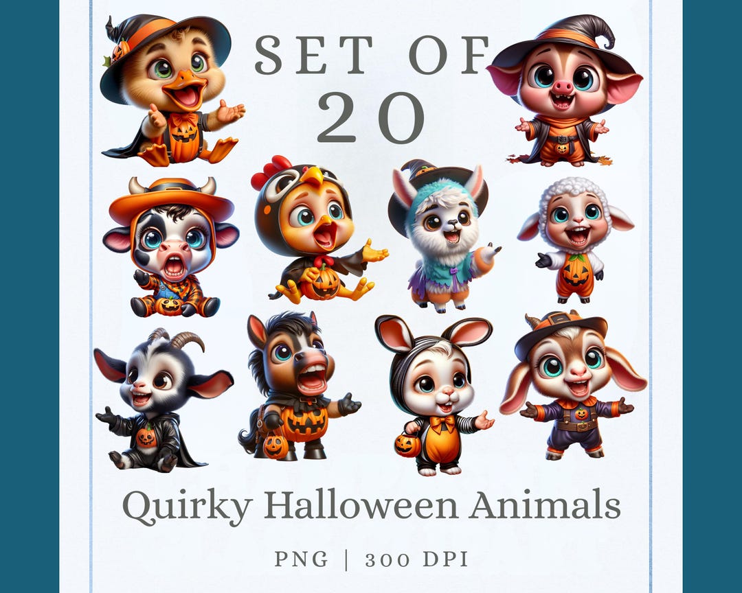 Halloween Animals PNG Set, Quirky Farm Animals Clipart, 20 Digital ...