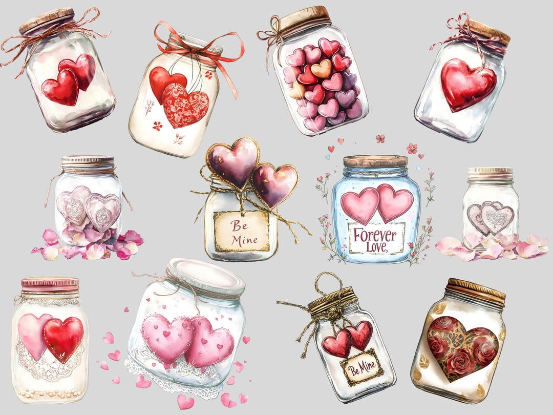 Jar of Hearts Clipart Watercolor Mason Jar PNG Bundle | Valentine ...