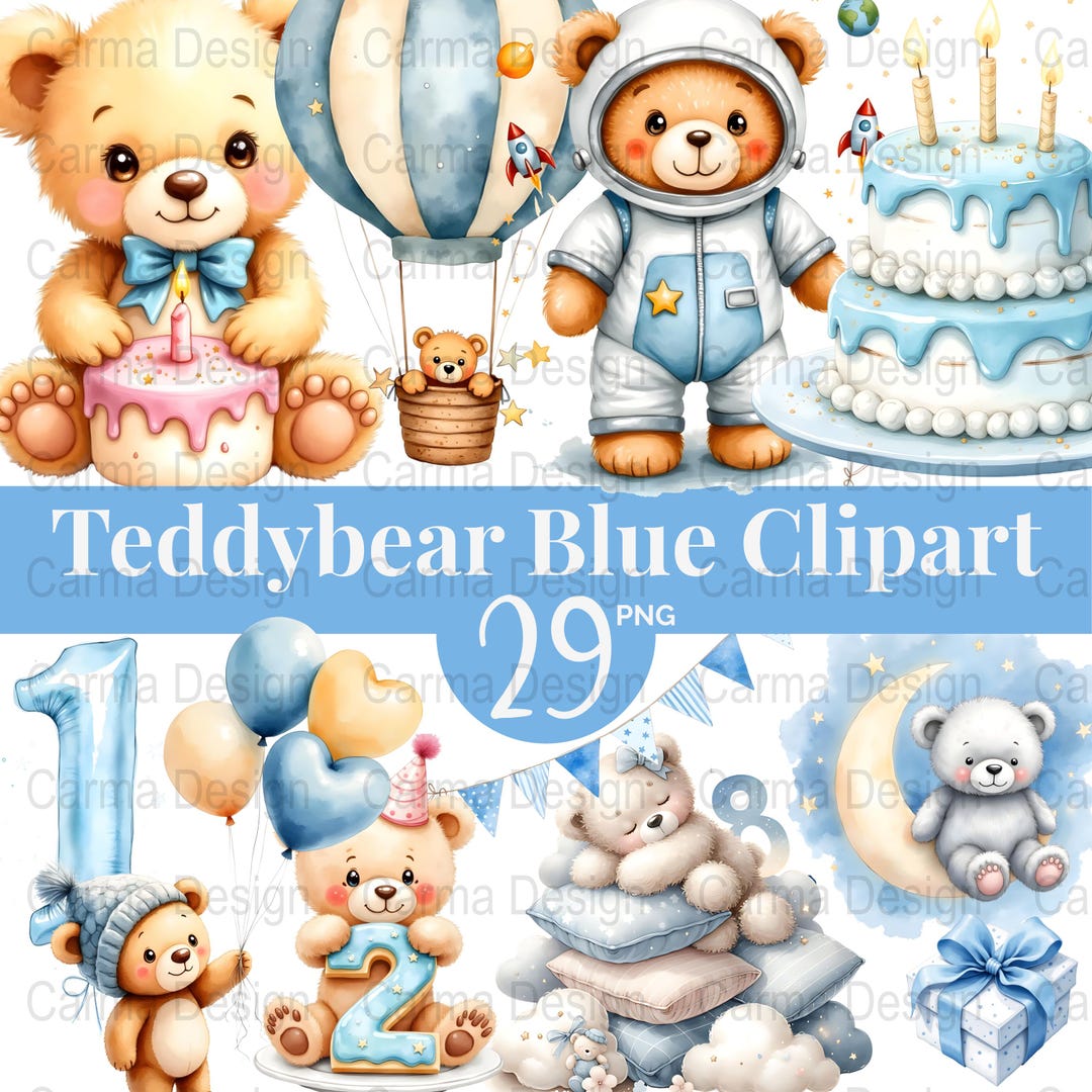 Teddybear Blue Nursery Clipart, Digital Bundle, 29 PNG Images ...