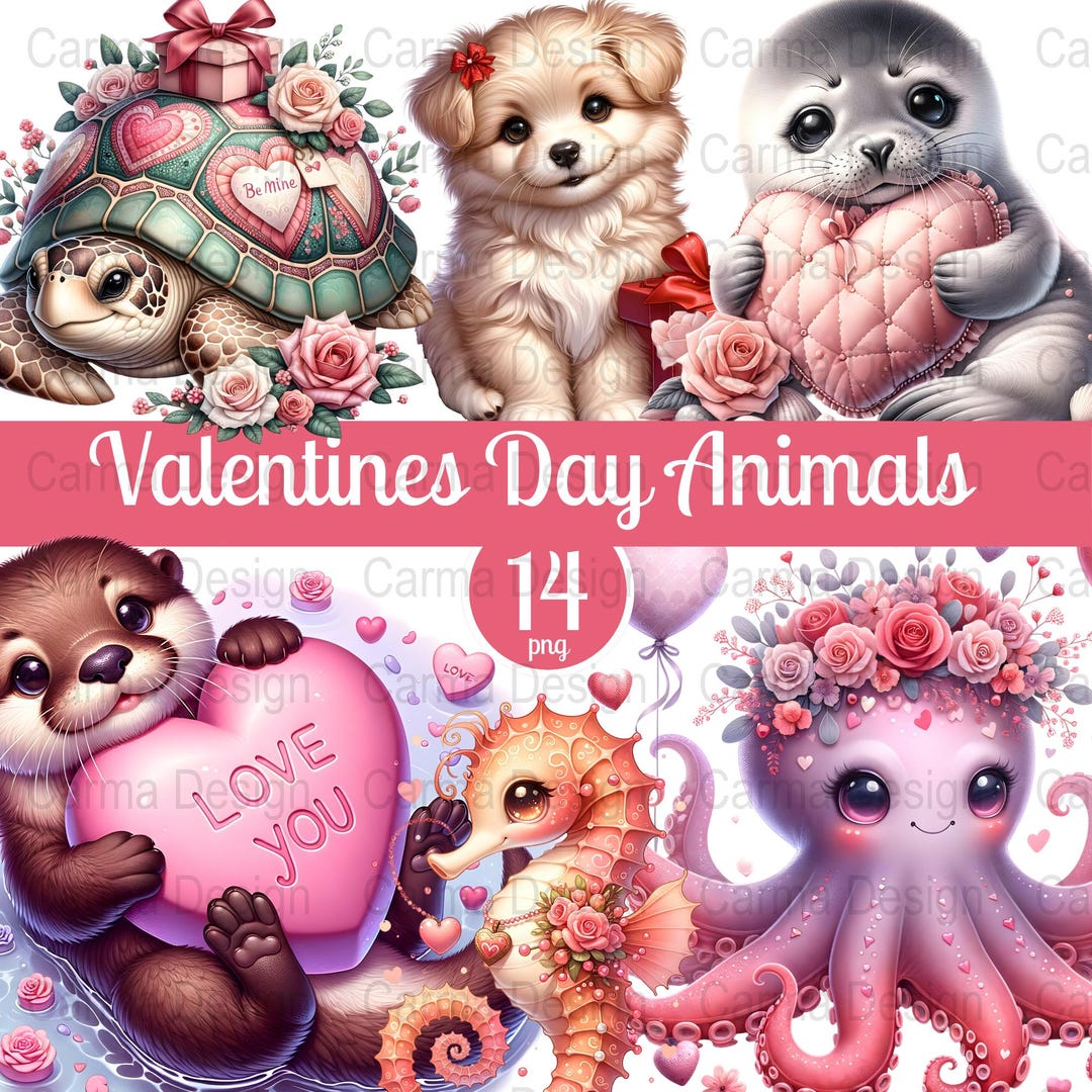 Valentine's Day Animals Clipart, 14 PNG Bundle, Cute Sea Turtle Puppy ...