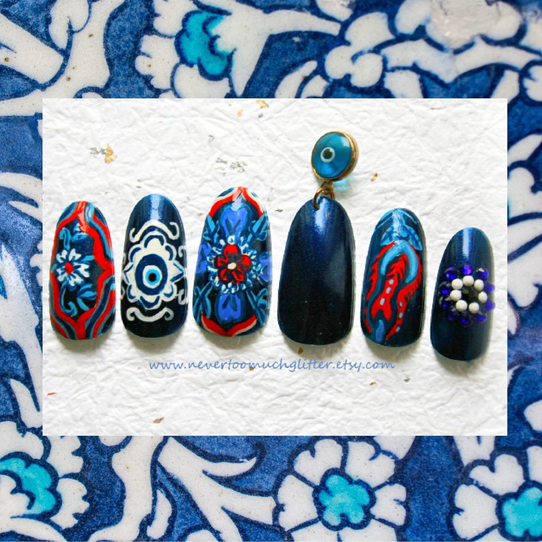 Evil Eye Press on Nails | Custom Hamsa Nails | Handpainted Turkish Tile ...