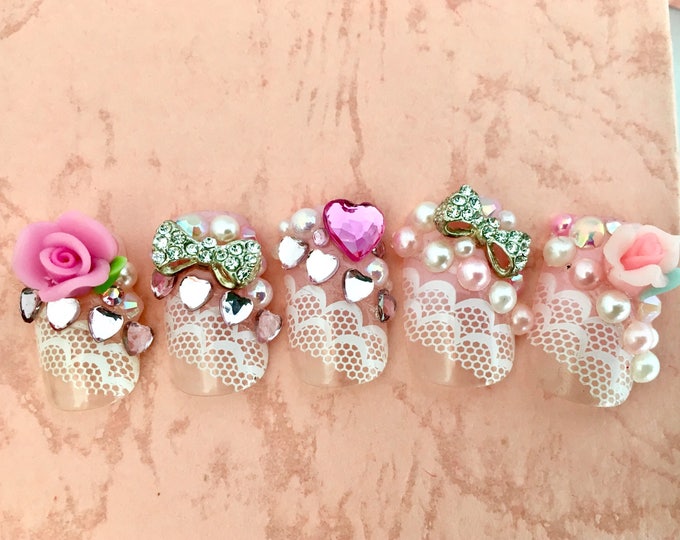 3D Japanese Kawaii Princess Nails | Cute Girly Press on Nails ...