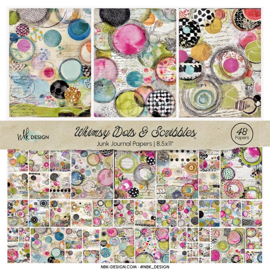 Abstract Collage Junk Journal Papers: Bright Dots & Scribbles (11x8.5 ...