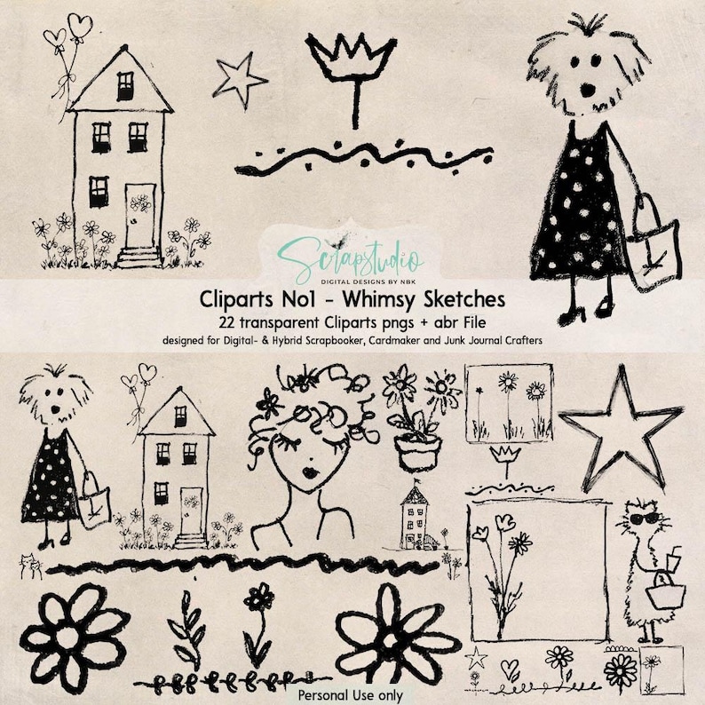 Whimsical Crayon Doodle Clipart: Hand-drawn Girls, Flowers, Cats (PNG ...