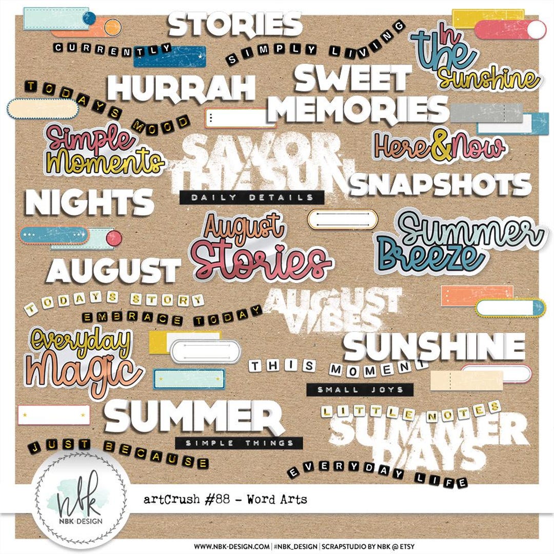 Summer Scrapbook Word Art: Sunshine, Memories, August (PNG Digital ...