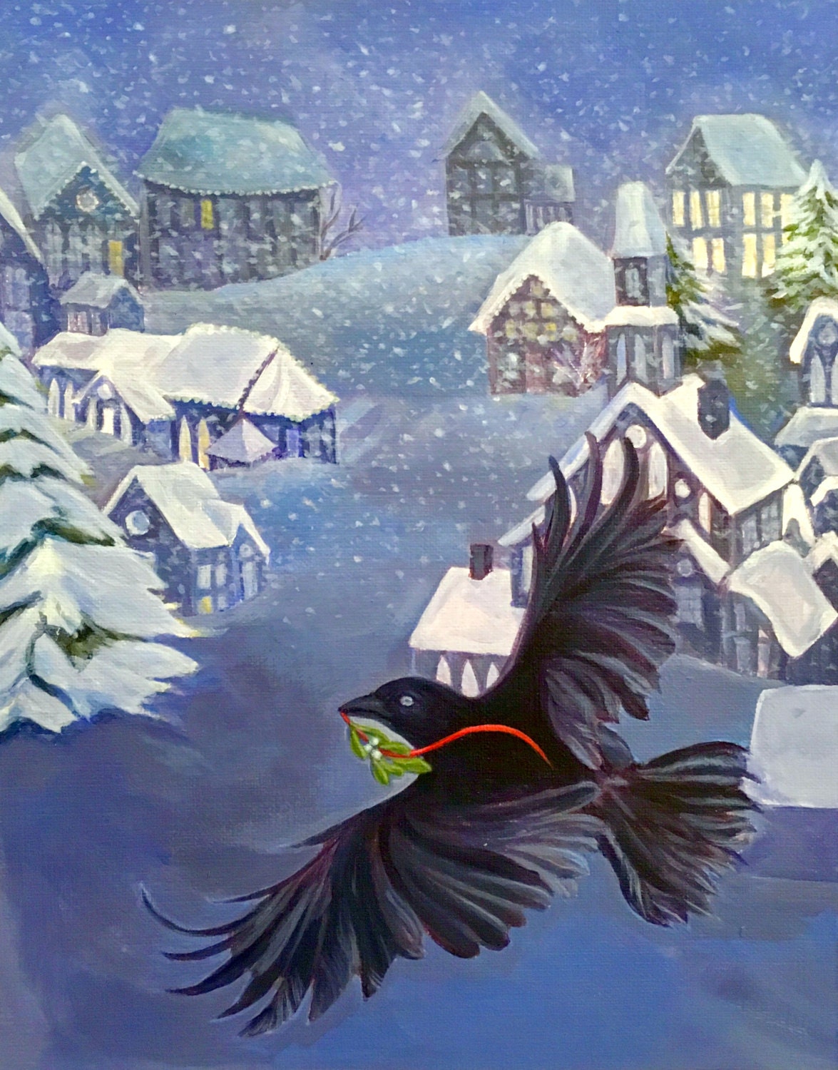 Holiday Crow / Raven Christmas Card / 5x7 OR 8.5x11 / Hand Mounted Hand ...