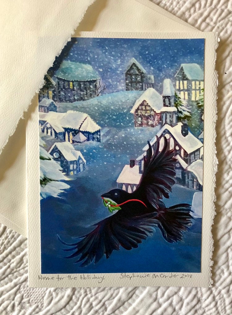 Holiday Crow / Raven Christmas Card / 5x7 OR 8.5x11 / Hand Mounted Hand ...