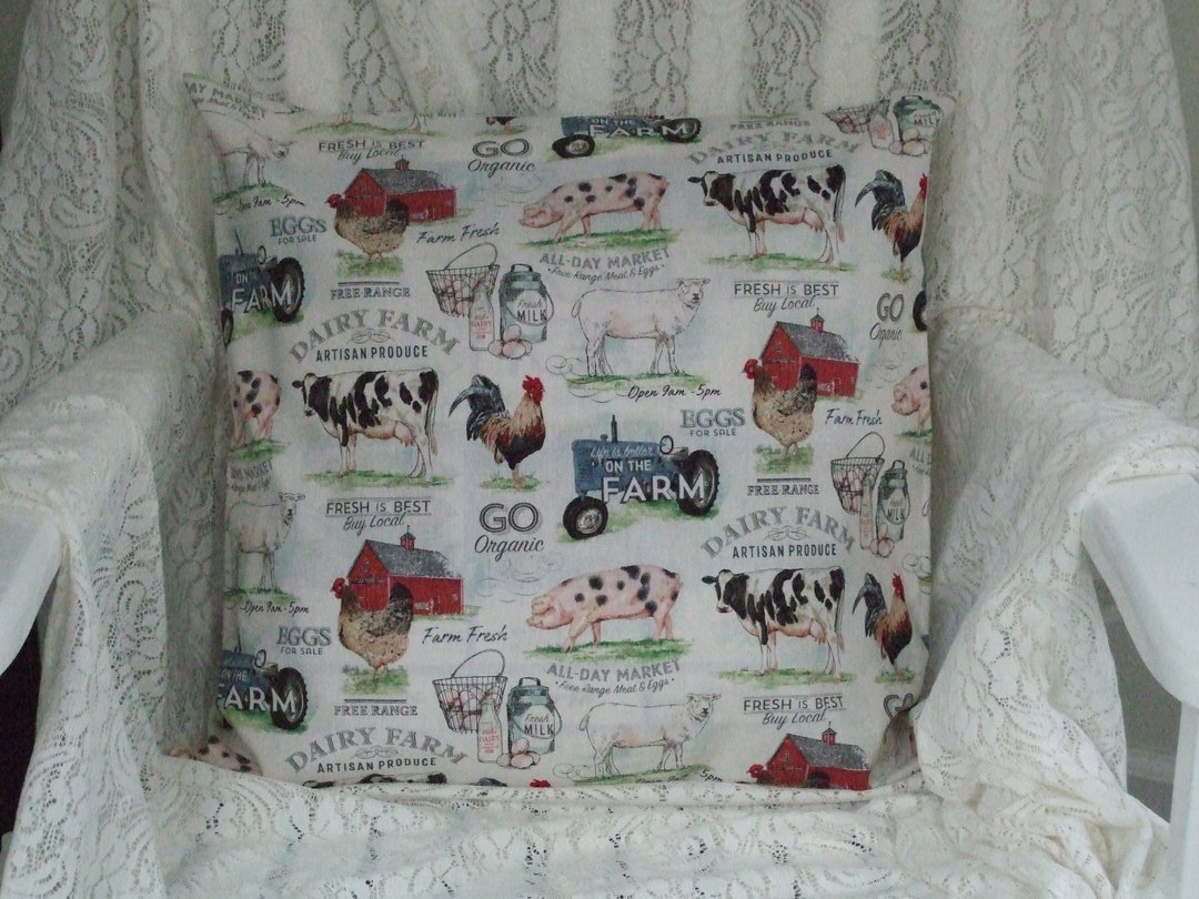 Throw Pillow Cover Country Farm Theme Farm Animals Farm Dairy Food Red ...