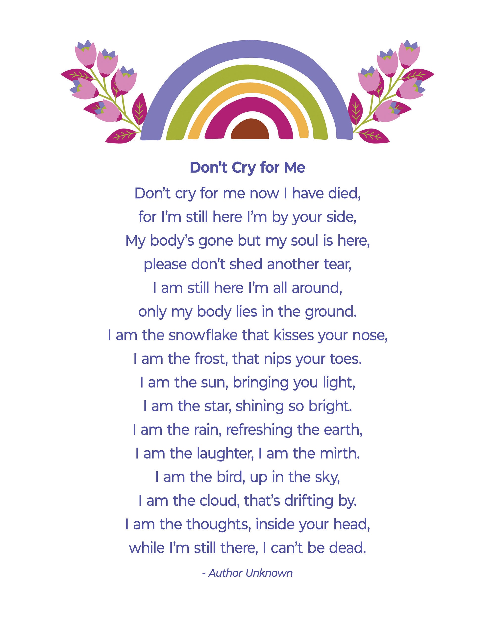 Funeral Memorial Rainbow Theme Don't Cry for Me Poem - Memorial Poem ...
