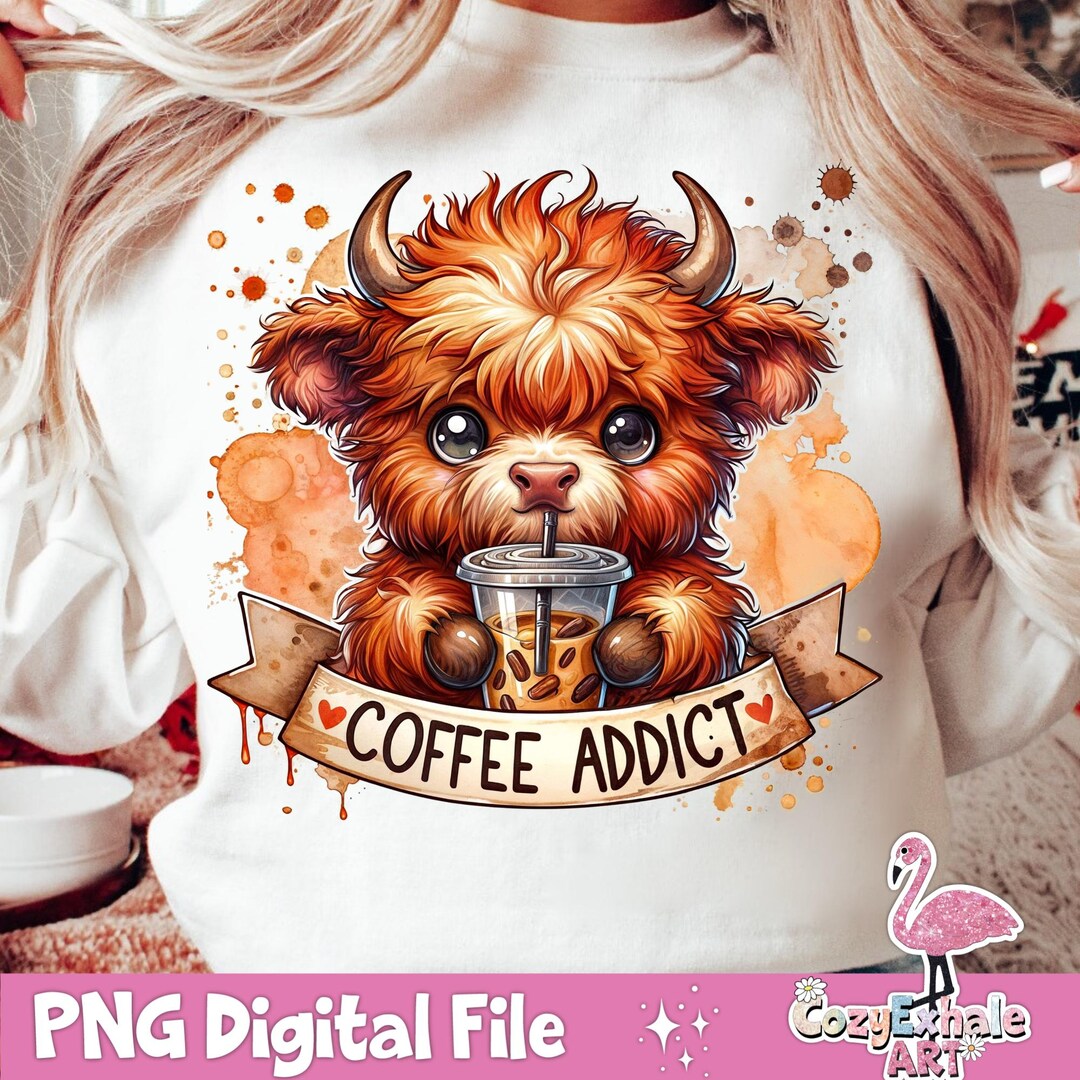 Cute Highland Cow Coffee Addict PNG, Western Style Sublimation Design ...