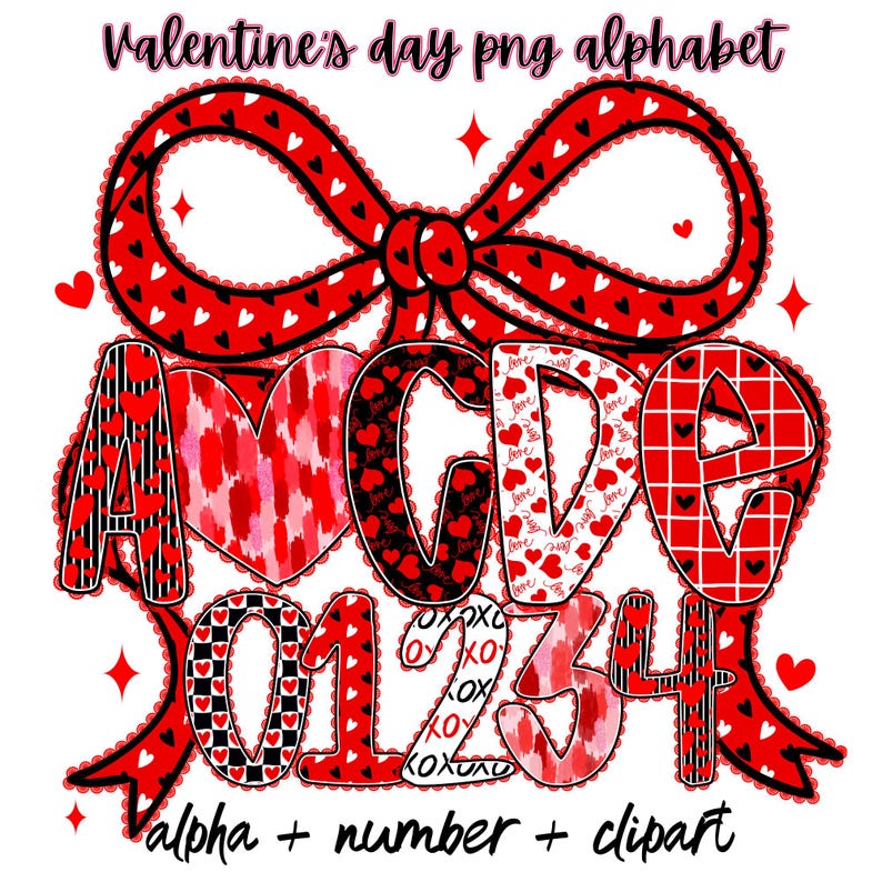 Valentine's Day Alphabet PNG Letters Bundle, Numbers Clipart, Red Bow ...