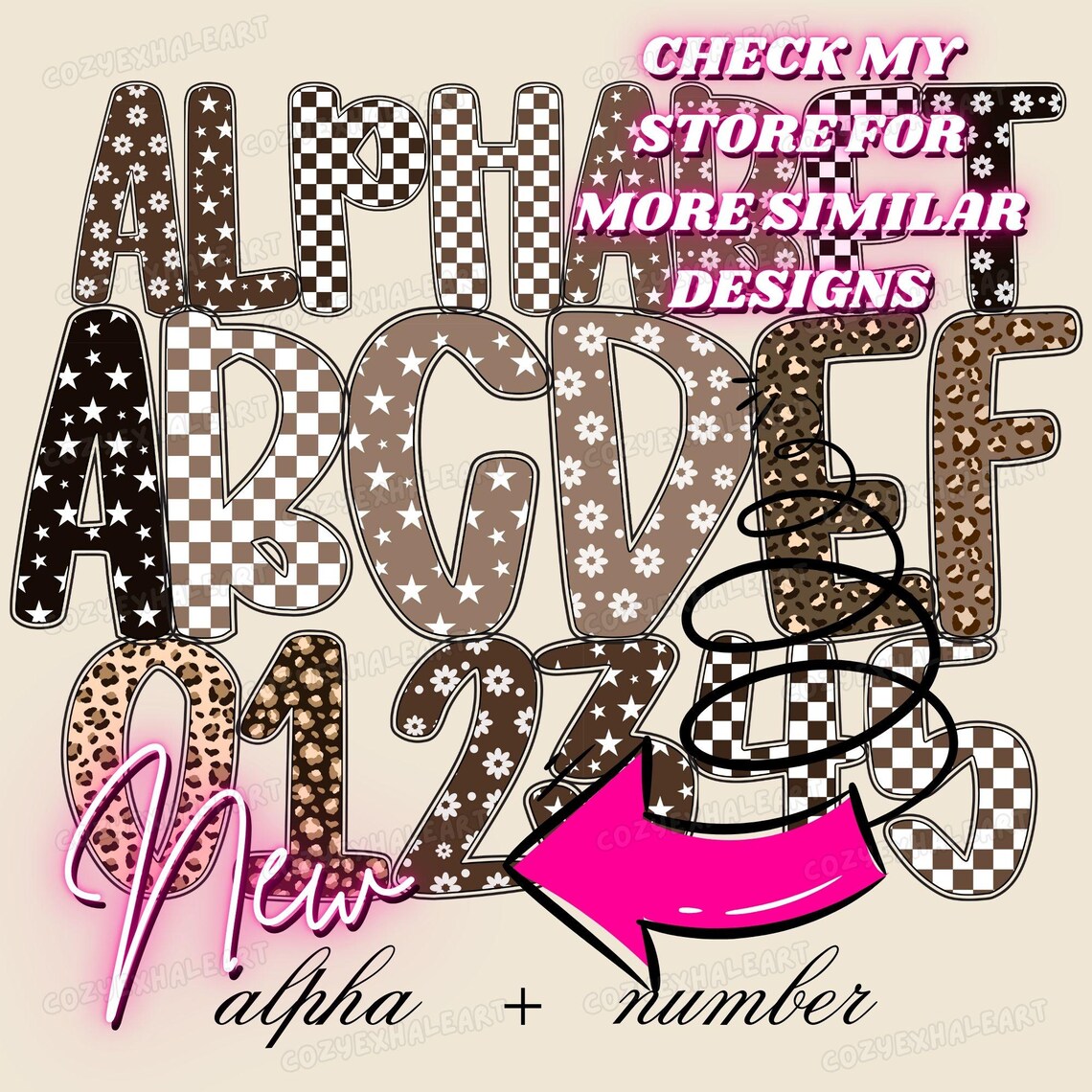 Neutral Aesthetic Alphabet PNG – Brown Checker, Gingham Leopard, and ...