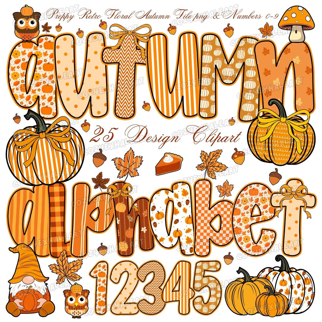 Retro Gingham Autumn Floral Alphabet PNG: Colorful Doodle Font Clipart ...