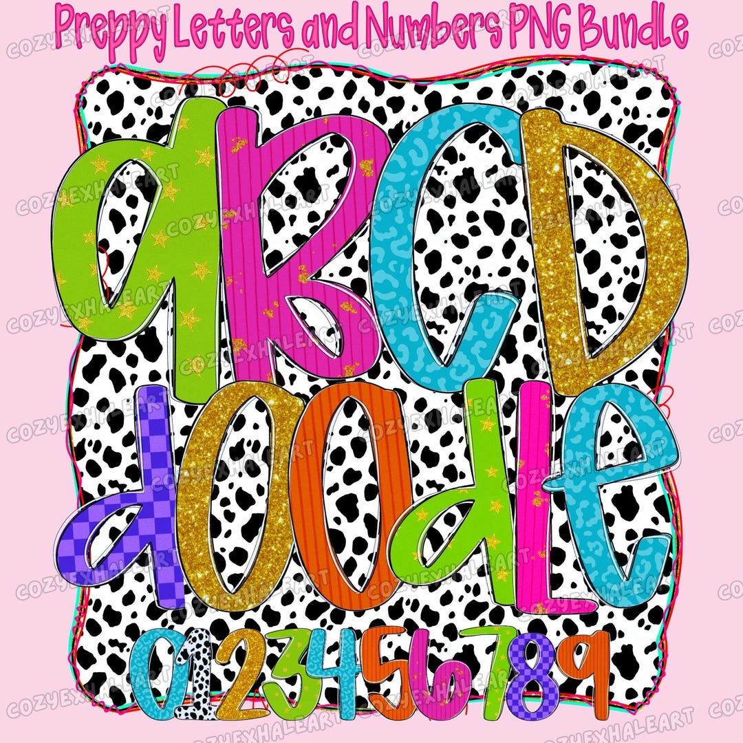 Preppy Mascot PNG Bundle: Gingham Doodle Letters & Numbers, Faux ...
