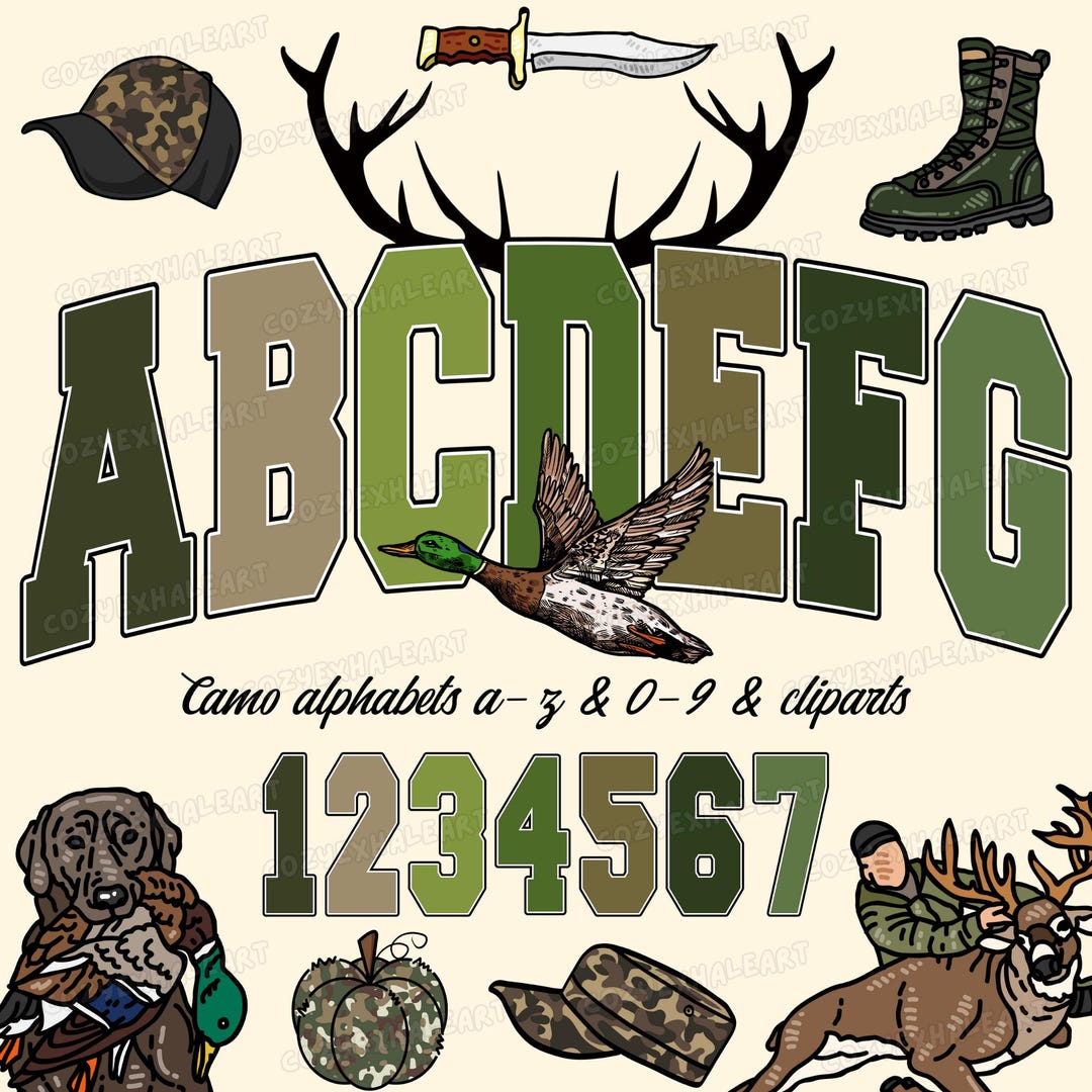 Camo Alphabet PNG Bundle, Hunting Letters A-Z & Numbers 0-9, Deer Duck ...