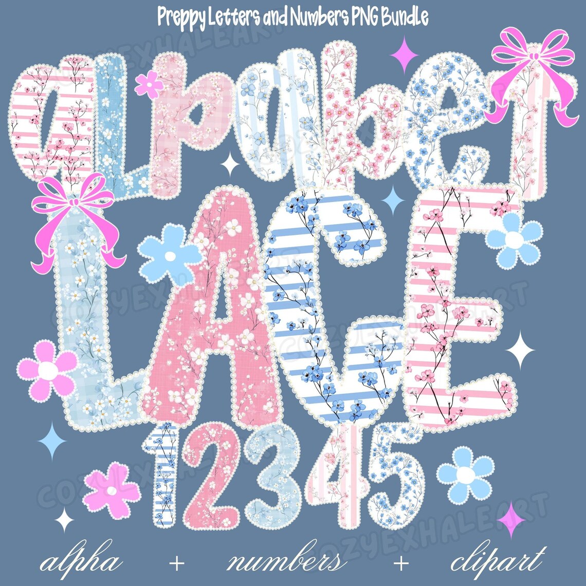 Lace Floral Alphabet PNG Bundle: Gingham Shabby Chic Letters, Numbers ...