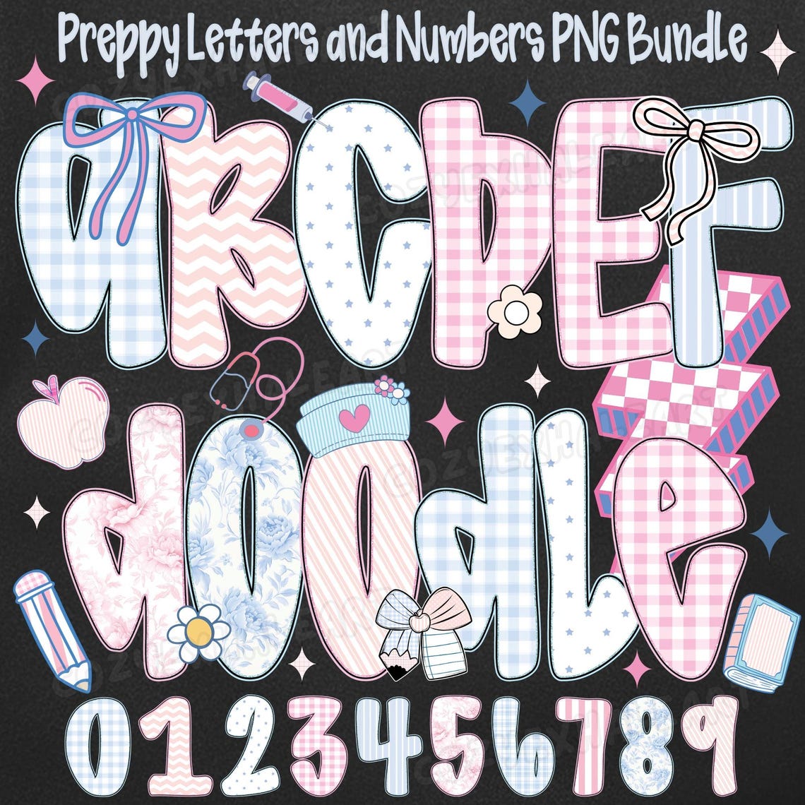 Retro Floral Alphabet PNG: Gingham Pastel Doodle Font, A-Z 0-9 (digital ...