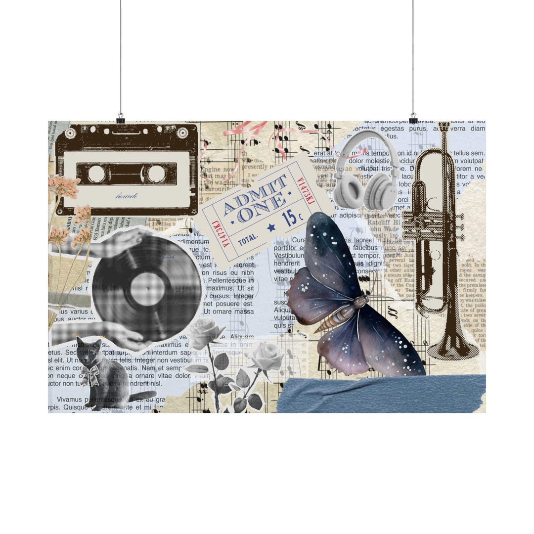 Vintage Music Collage Poster: Retro Butterfly Art Print - Etsy