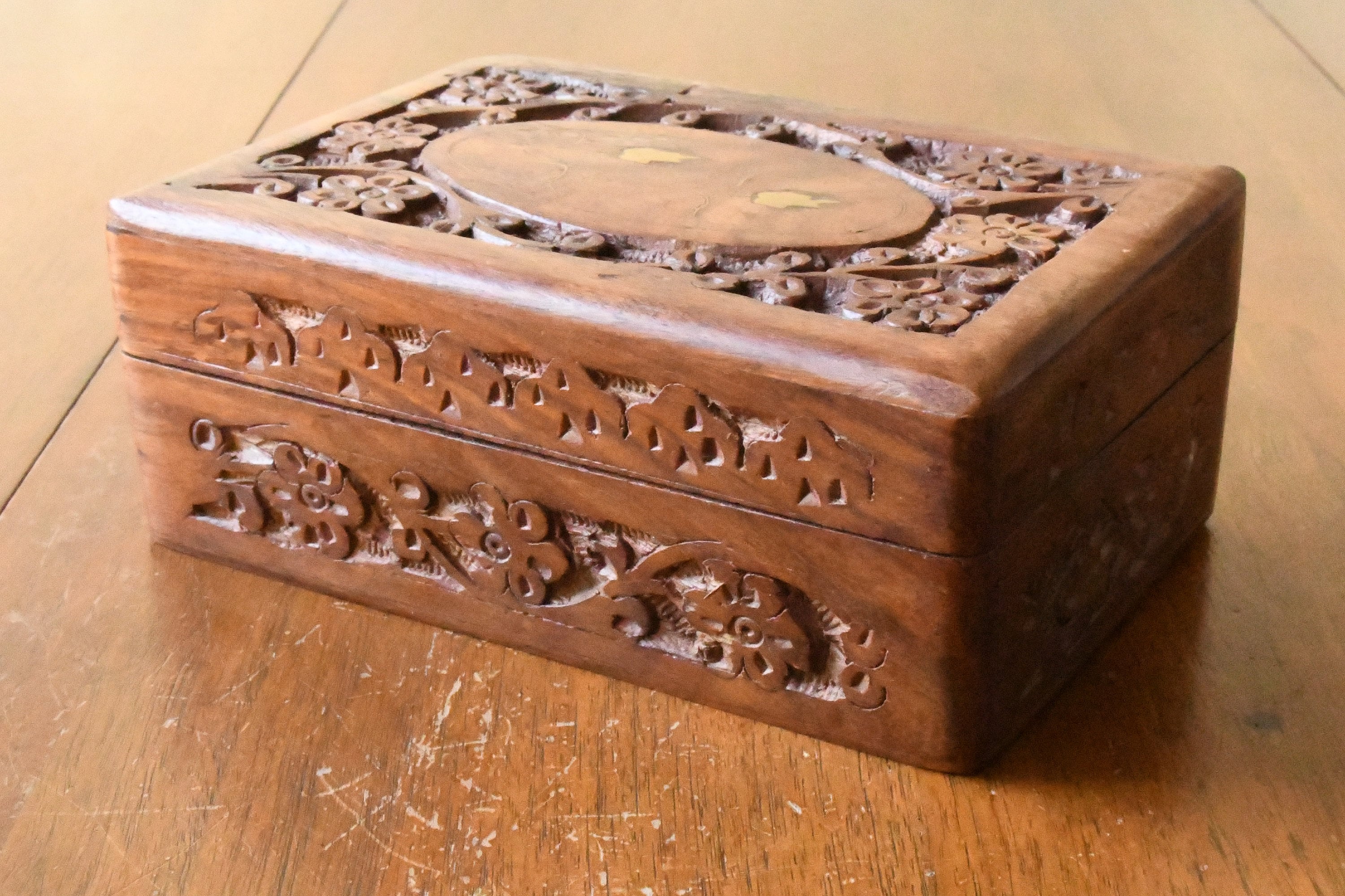 Vintage Ornately Carved Teakwood Box Floral Motif brass | Etsy