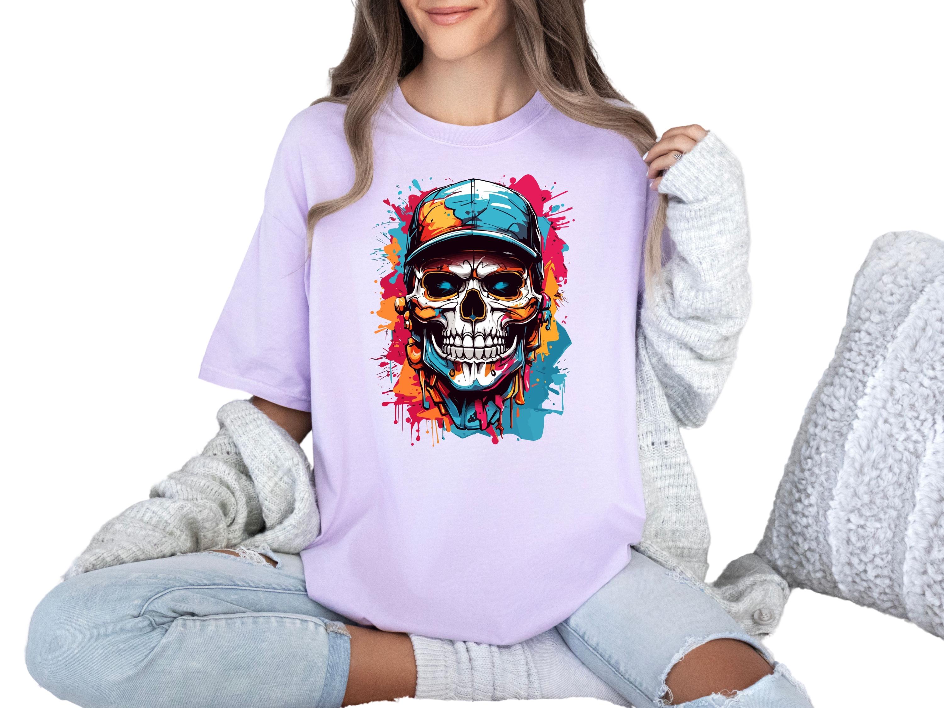 Colorful Skull With Cap DTF Transfer, Street Art Style Heat Transfer ...
