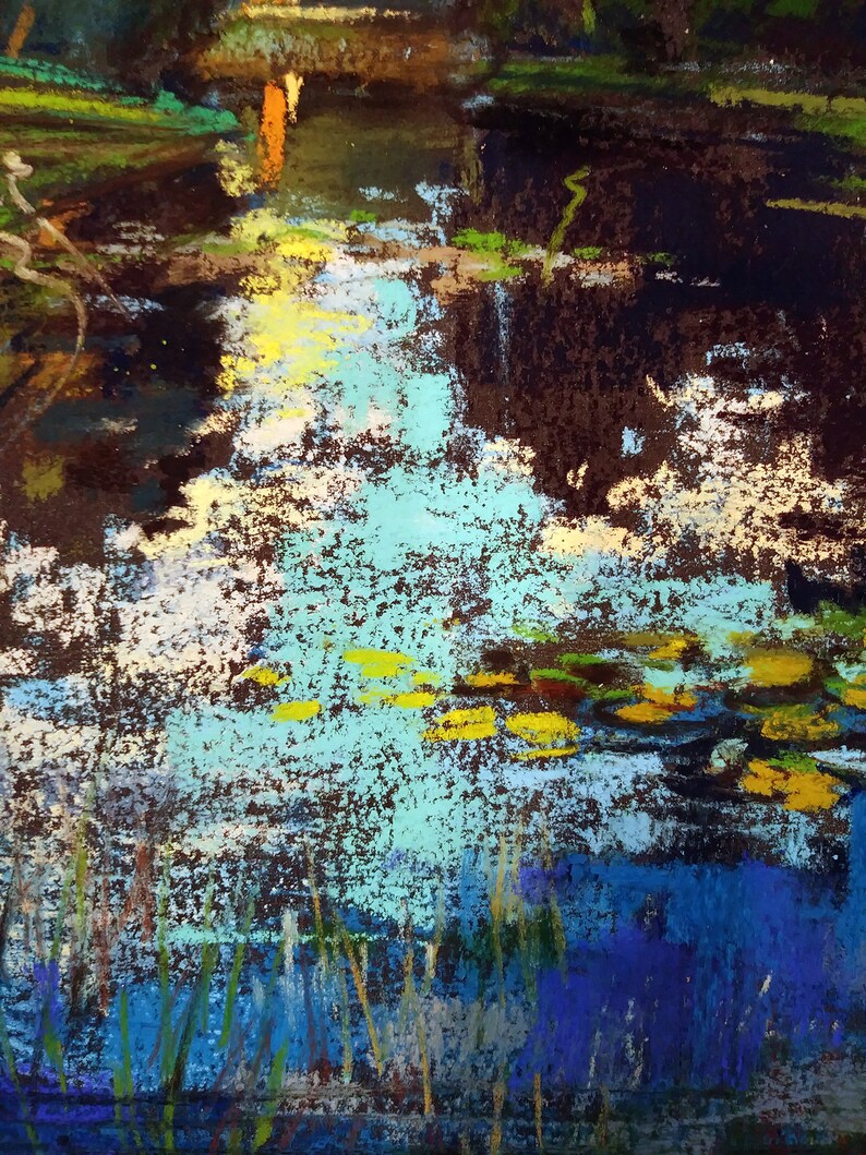 Lake, Reflections, Lily Pads, Pond, Original Soft Pastel Painting on ...