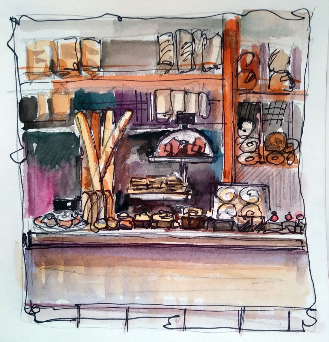 Bakery, Pastries, Breads, Baking, Cafe, Watercolor and Pen Drawing - Etsy