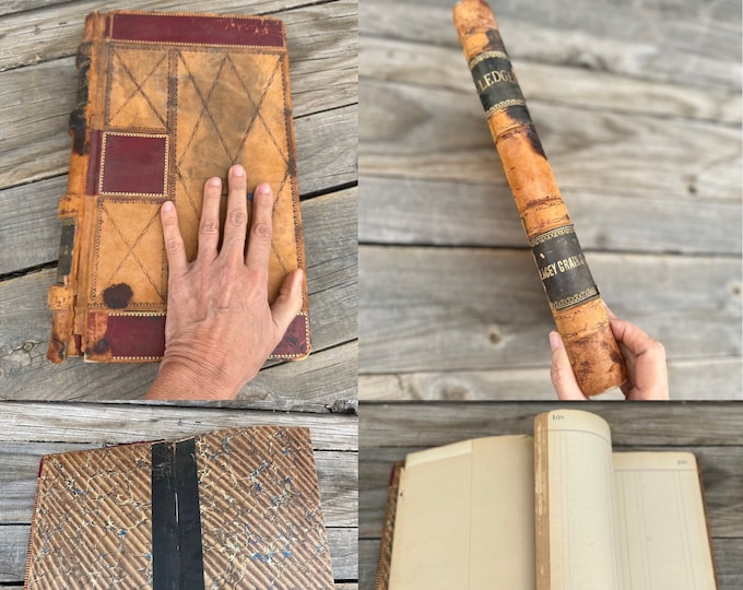 Antique Vintage Large 14in Leather Ledger Journal Book LACEY GRAIN CO ...