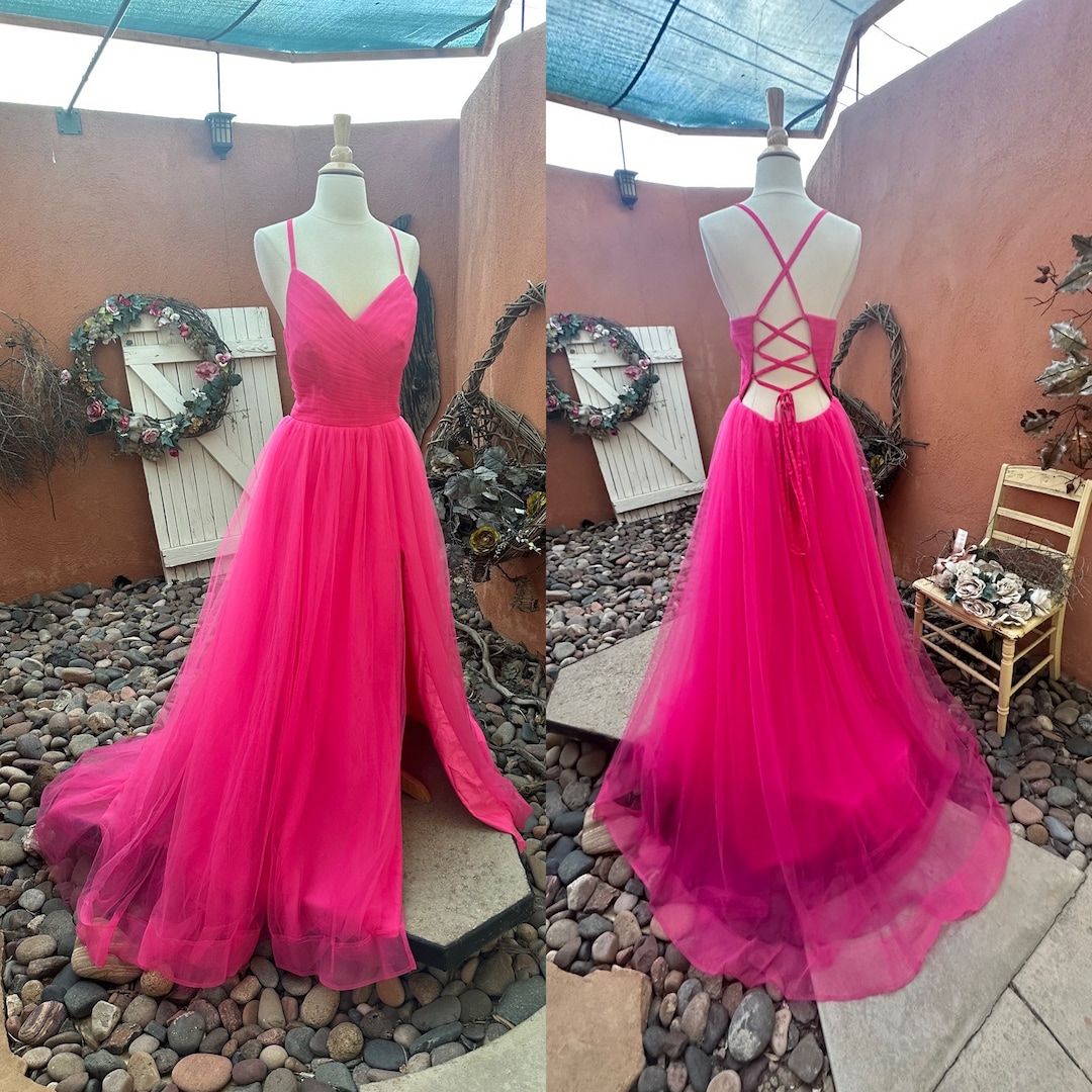 90s Hot Barbie Pink Chiffon Formal Gown With Train Laced up Back Size 6 ...
