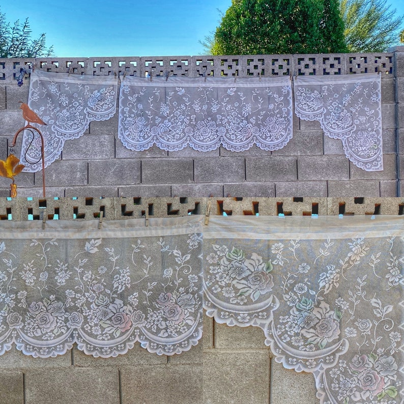 3 Piece Valance N Swags White Lace Curtain Set Pastel Accents - Etsy