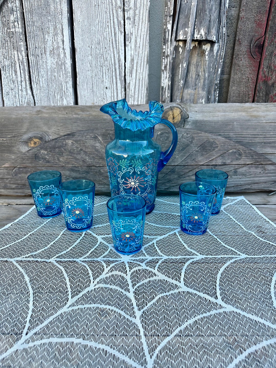 Antique Enameled Blue Glass Lemonade Set Pitcher With 5 Glasses - Etsy
