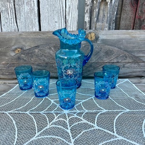 Antique Enameled Blue Glass Lemonade Set Pitcher With 5 Glasses - Etsy