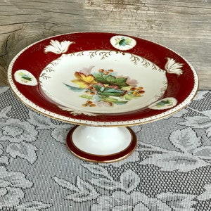 Vintage Burgundy Motif China Pedestal Dish 9.5" Diameter Autumn Leaves ...