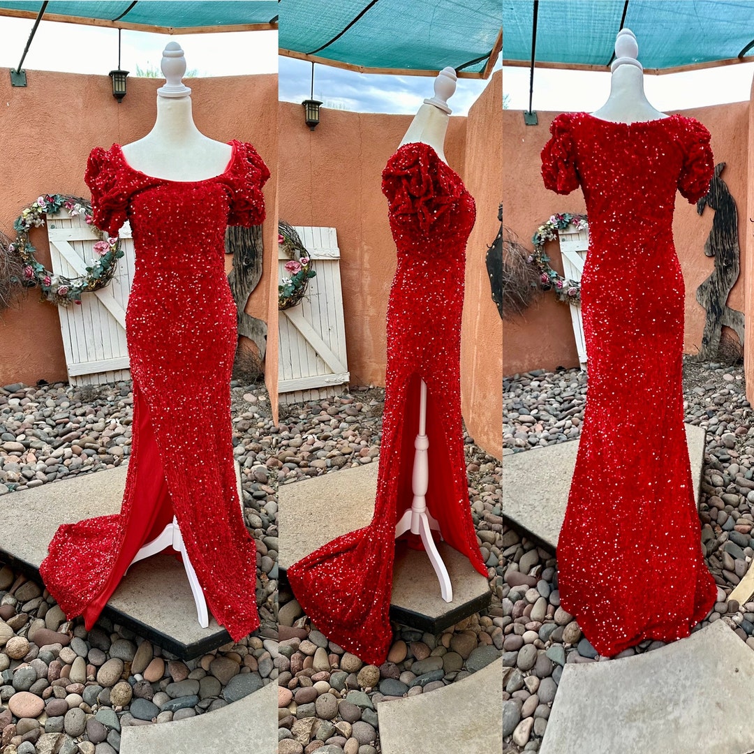 90s Ruby Red Velvet Drenched in Sequins Leg Slit Evening Gown With ...