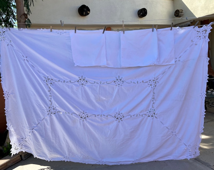 Vintage White Cotton Battenburg Lace Trim 100" X 65" Tablecloth With 10 ...