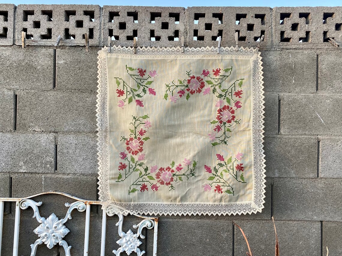 Vintage Tea Tablecloth Cream Linen Lace Trim With Hand | Etsy