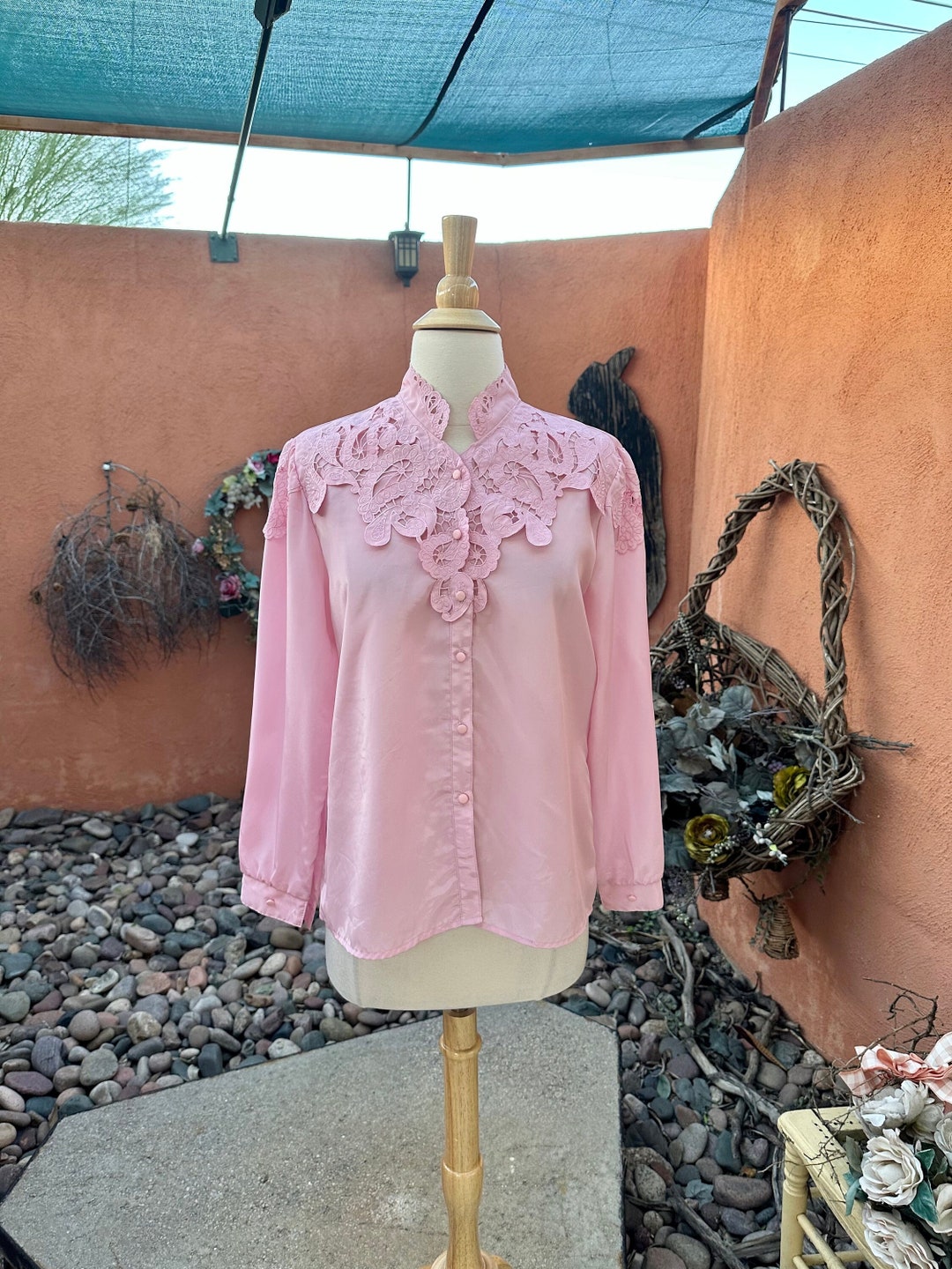 90s Vintage Pink Satiny Long Sleeve Blouse Lace Trim by Mapsay New York ...
