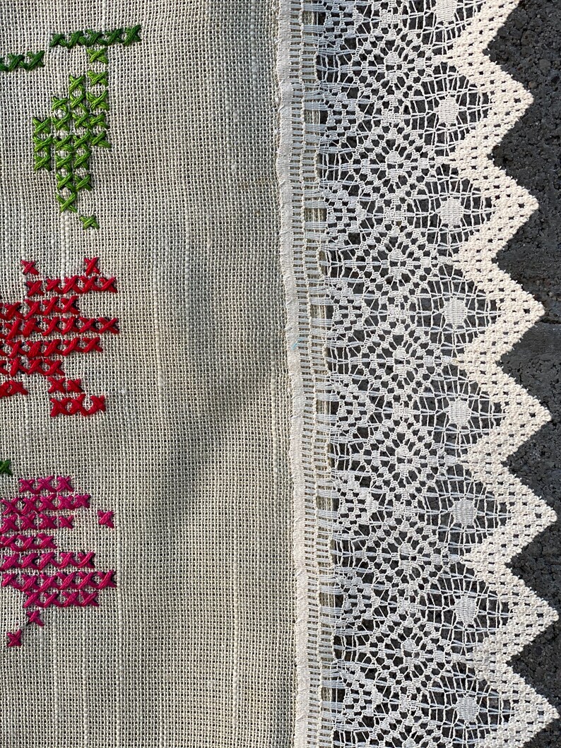 Vintage Tea Tablecloth Cream Linen Lace Trim With Hand | Etsy