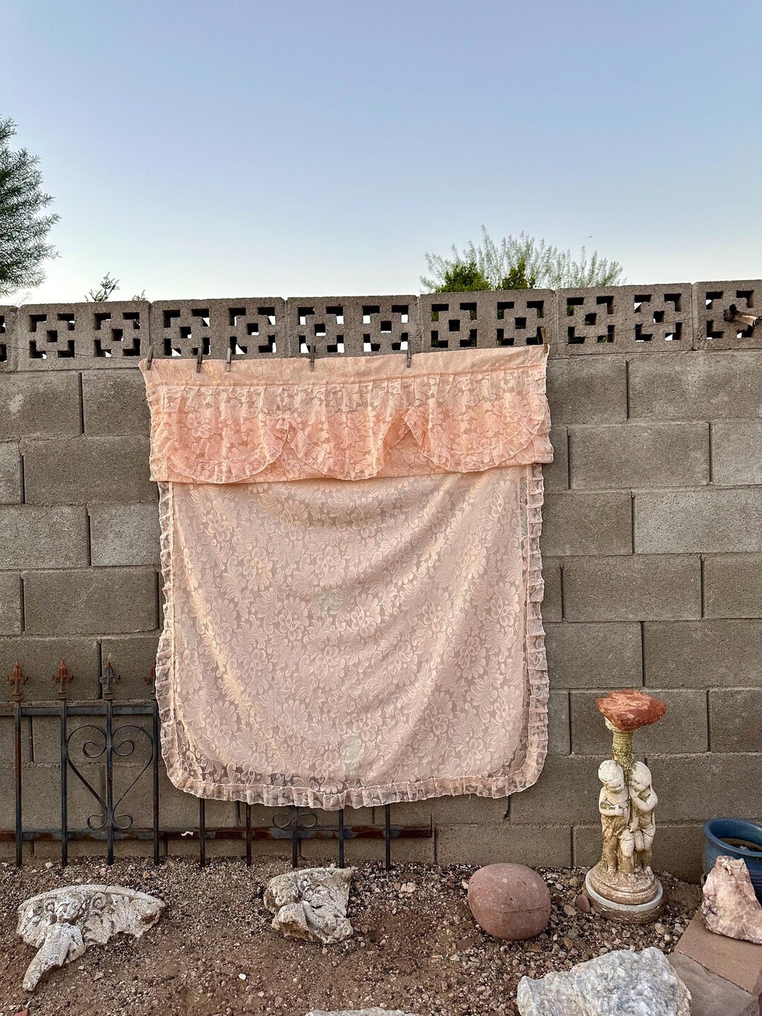 80s Peach Lace Lined Curtain Panel Attached Valance Shabby Chic 50" X ...