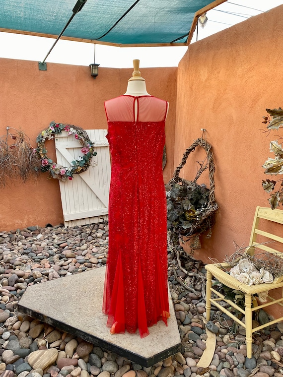 Vintage Red Formal Gown Sparkle Net Overlay Mermaid H… - Gem