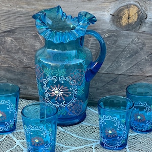 Antique Enameled Blue Glass Lemonade Set Pitcher With 5 Glasses - Etsy