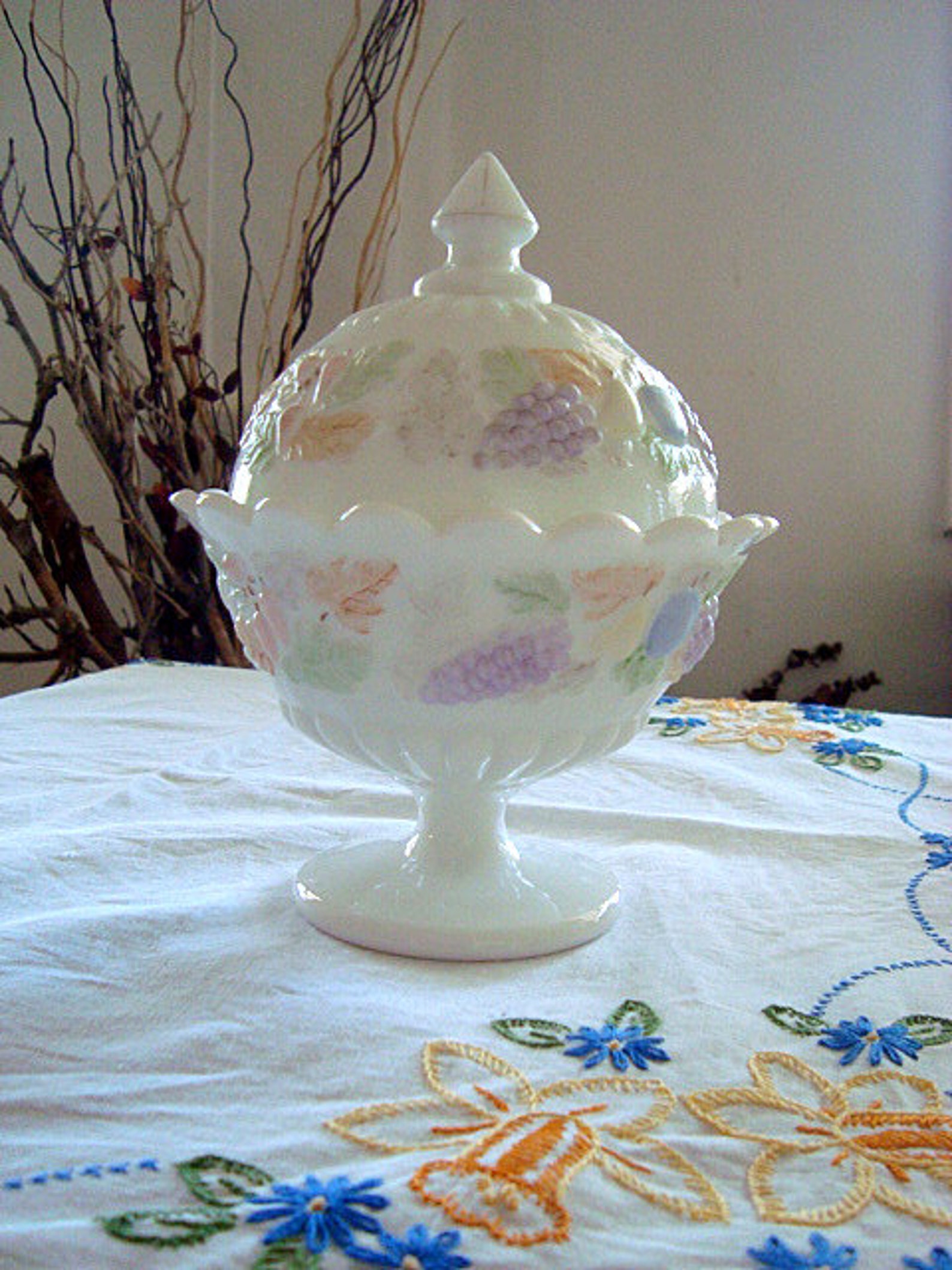Vintage Milk Glass Covered Compote With Painted Grapes & - Etsy