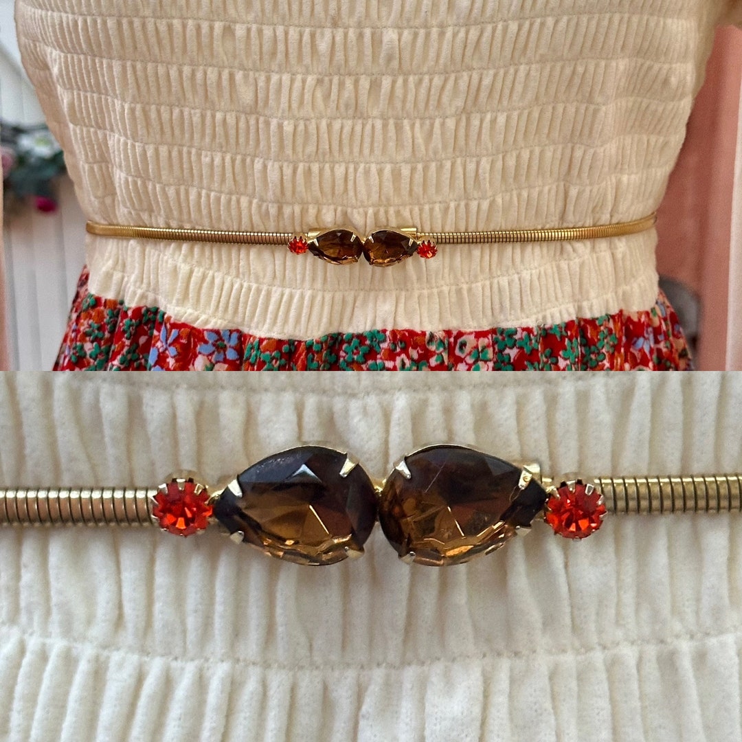 1980s Gold Toned Stretch Snake Chain Belt Topaz Brown & Citrine Orange ...