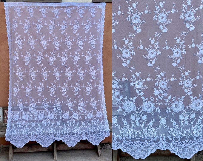1980s White Floral Lace Curtain Panel Scalloped Hemline Romantic ...