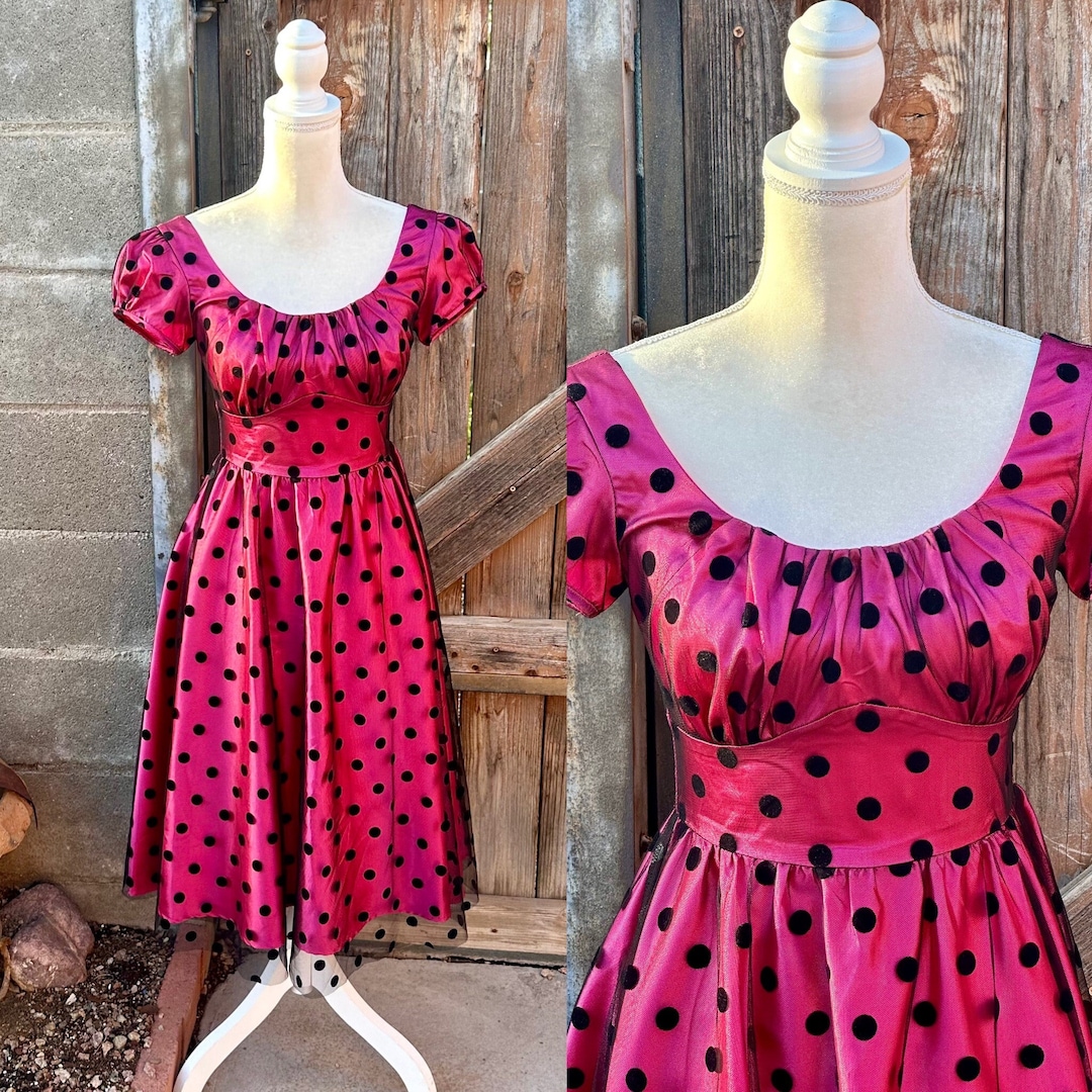 Vintage Fit N Flare Retro Pink Satin Polka Dot Stop Staring Dress by ...