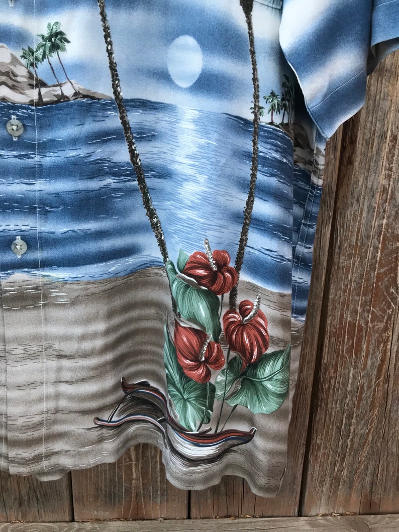 90s Hawaiian Shirt Rayon Ocean Blues Tropical Palm Trees By Etsy
