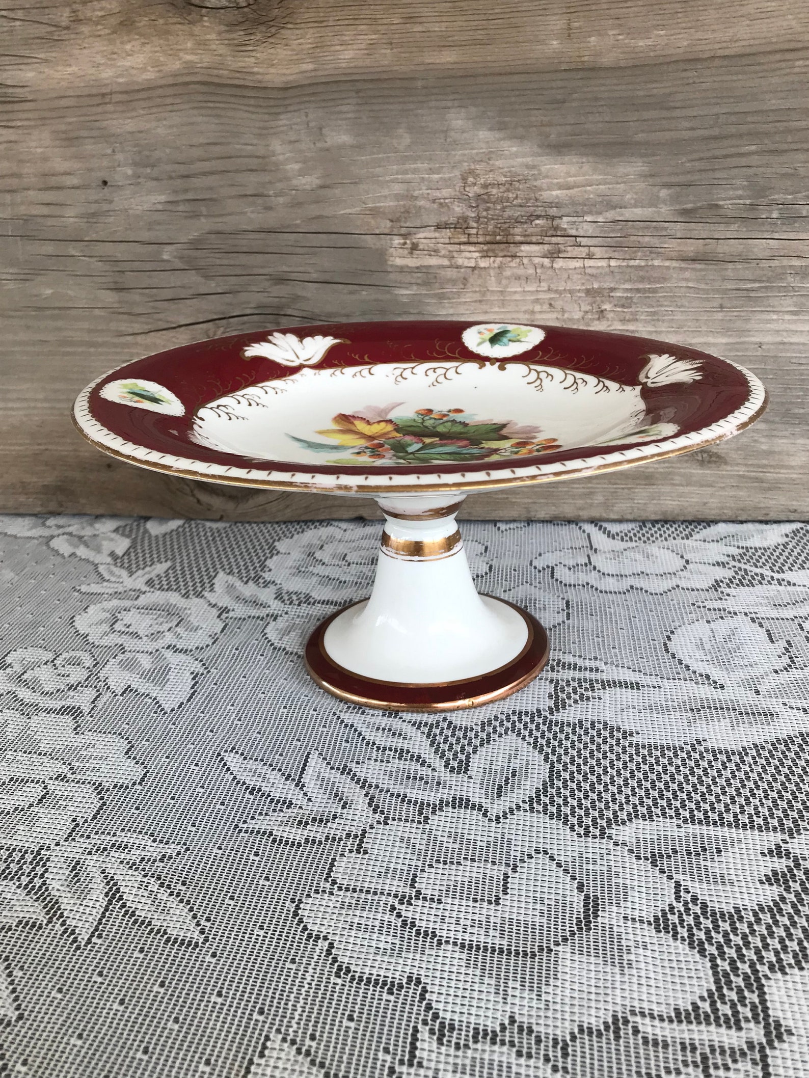 Vintage Burgundy Motif China Pedestal Dish 9.5" Diameter Autumn Leaves ...