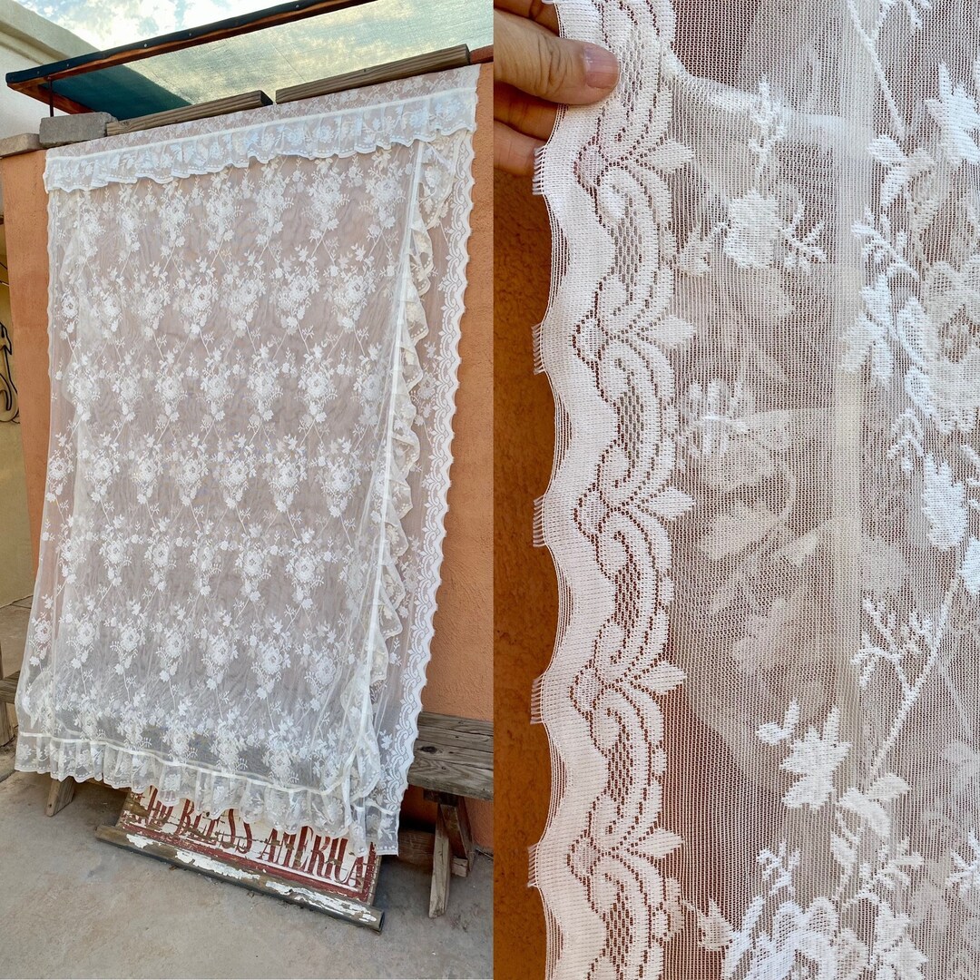 1980s Vintage Floral Lace Curtain: Double Layer Ruffled Panel - Etsy