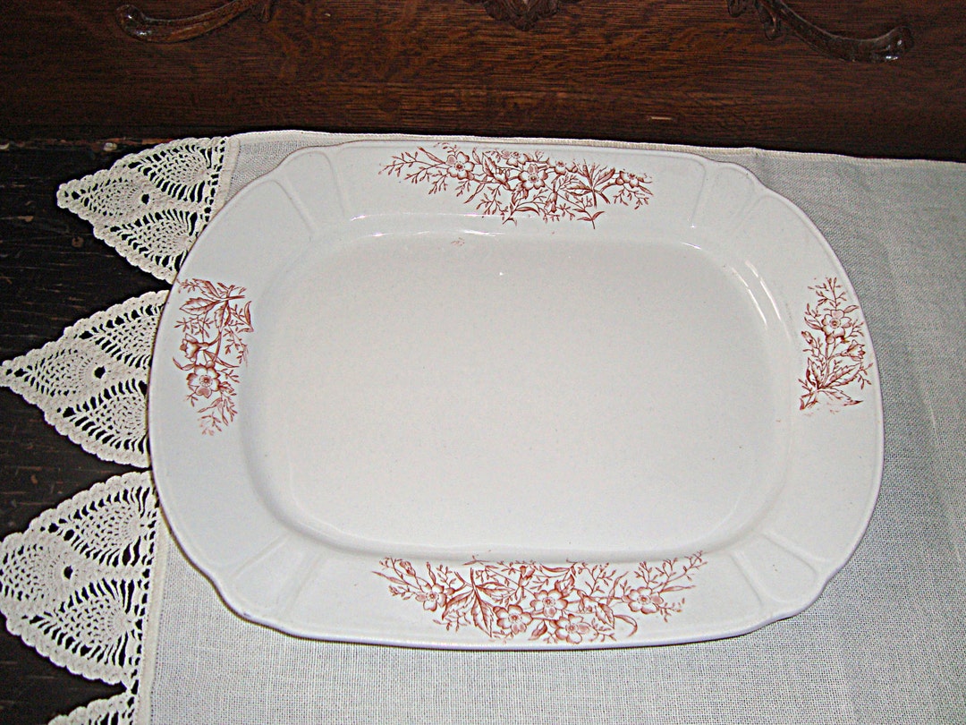 Antique White Stone China Platter Brown Floral Leaves 14.75" X 11" Dieu ...