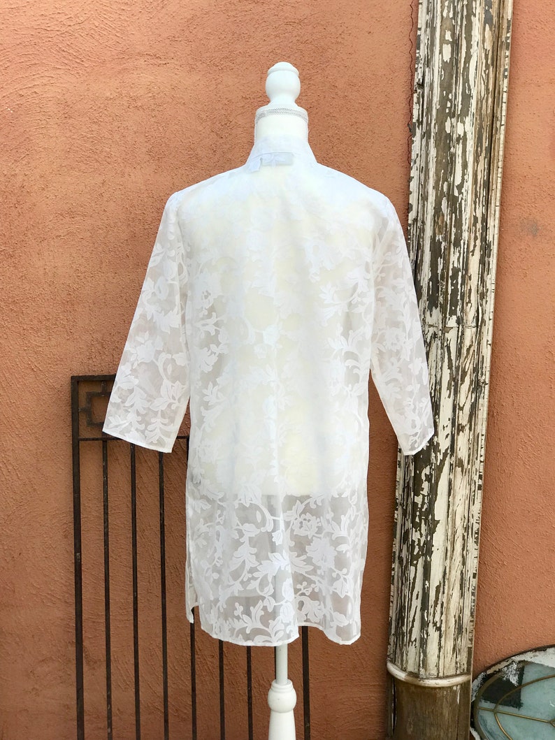 Vintage Sheer White Floral Fabric Buttoned Tunic Top by UNITS Size PL ...